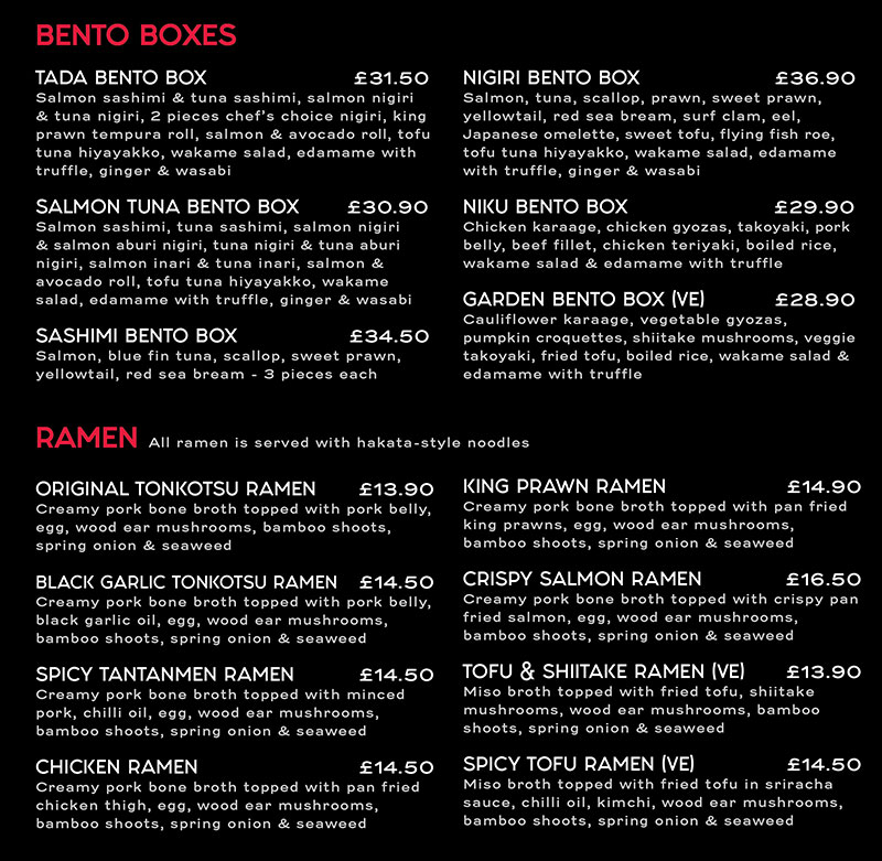 Menu - TADA - Japanese Restaurant & Bar in Leeds