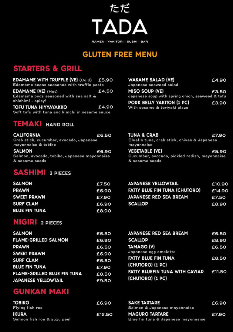 Menu - TADA - Japanese Restaurant & Bar in Leeds