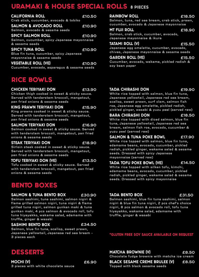 Menu - TADA - Japanese Restaurant & Bar in Leeds