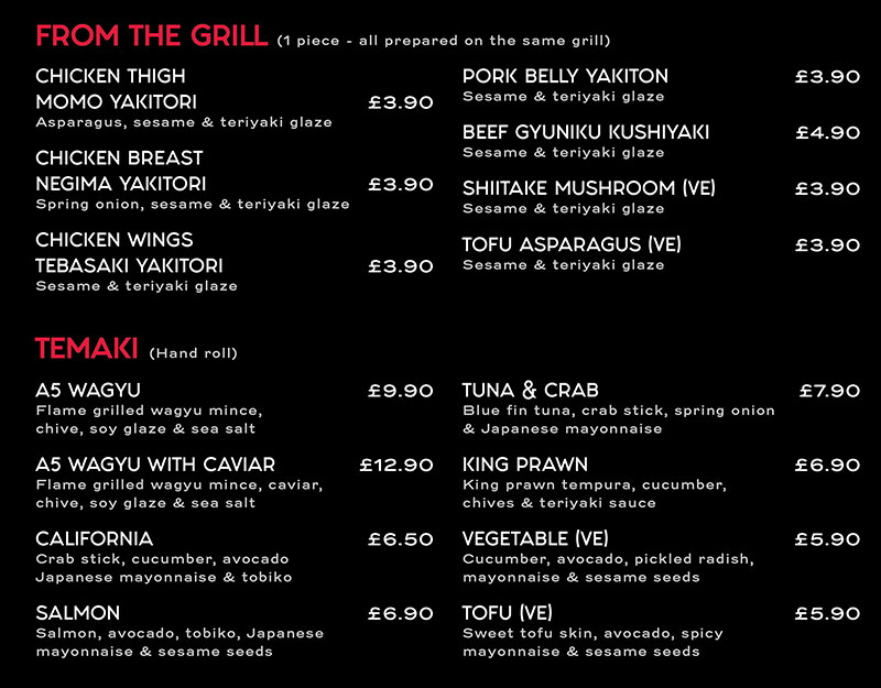Menu - TADA - Japanese Restaurant & Bar in Leeds