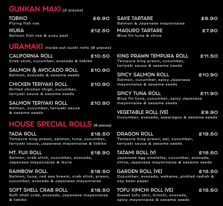 Menu - TADA - Japanese Restaurant & Bar in Leeds